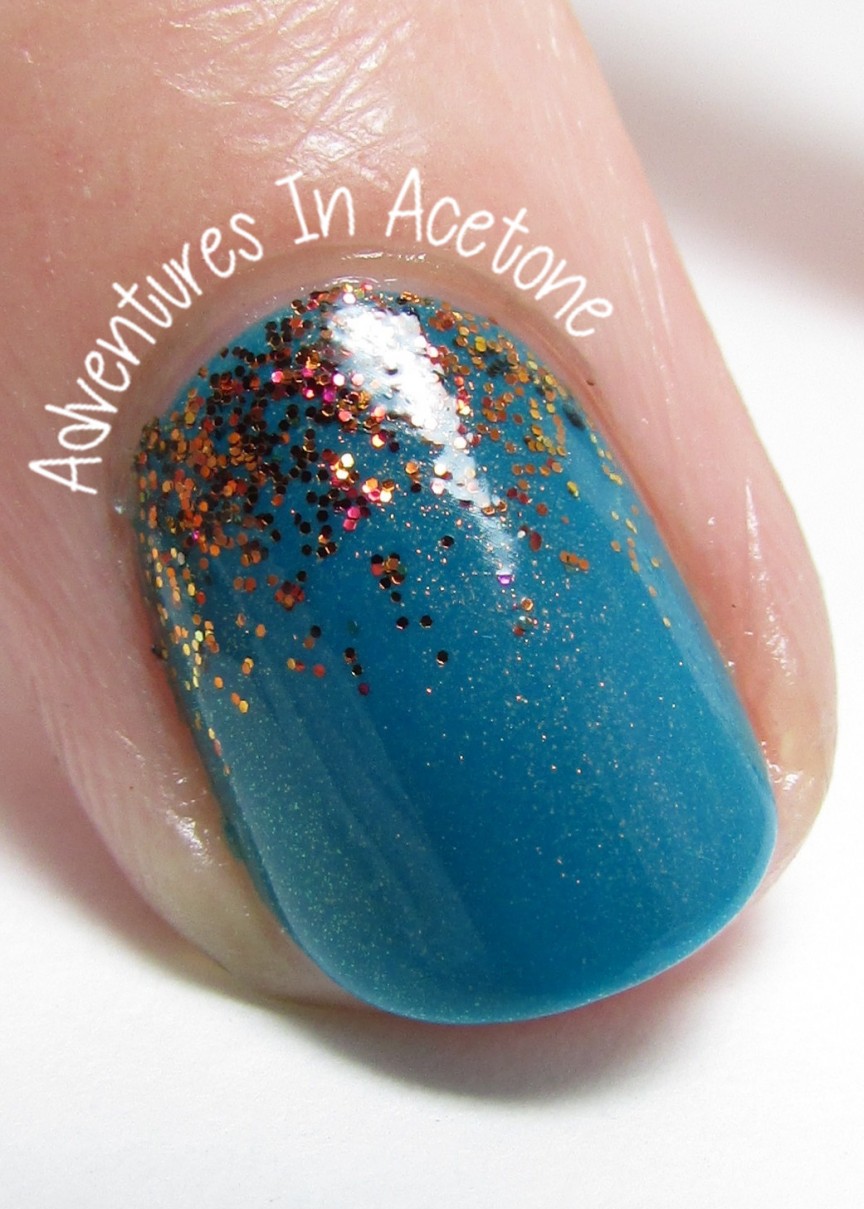 Teal and Copper Reverse Glitter Gradient Nail Art - Adventures In Acetone